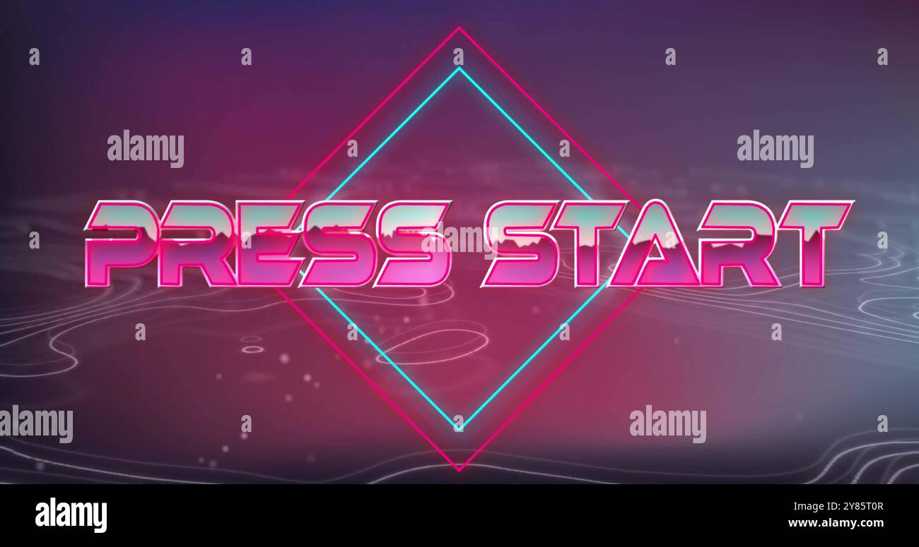 Image of press start text in pink metallic letters over moving contour ...