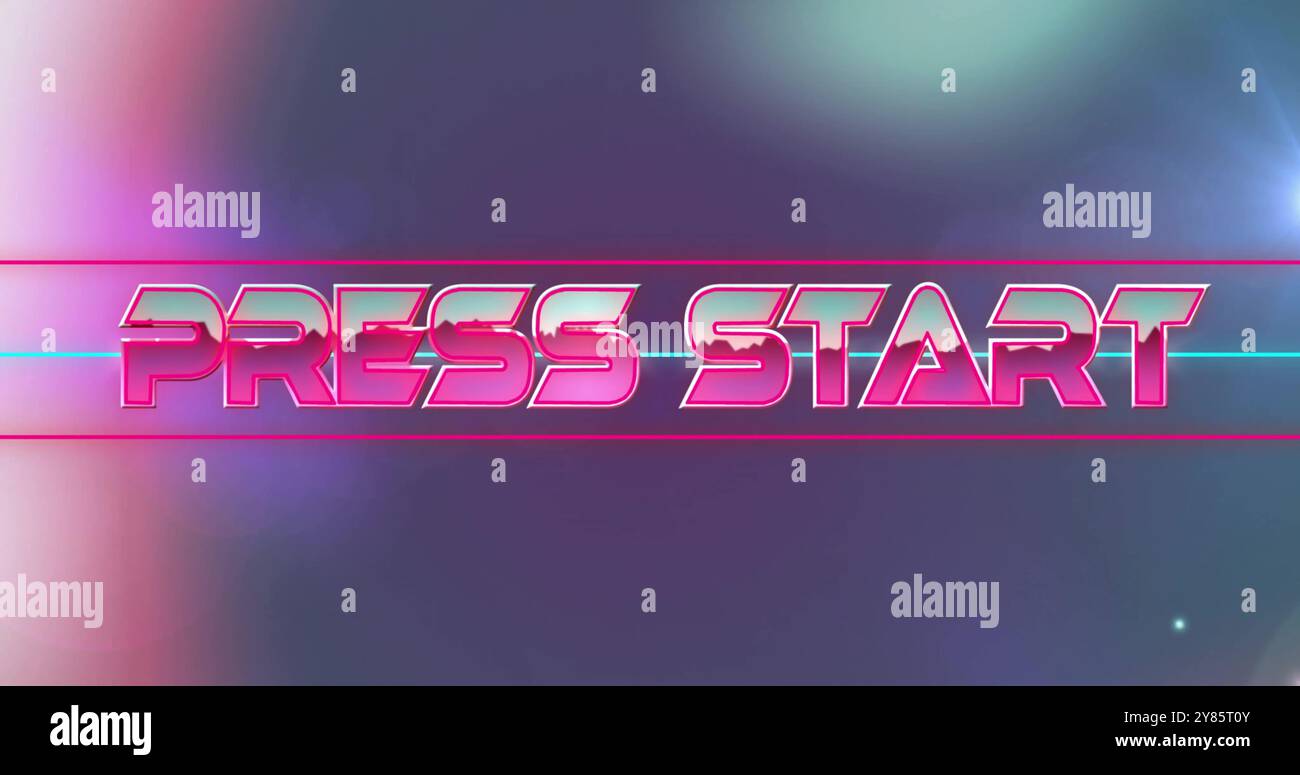 Image of press start text in pink metallic letters over blurred ...