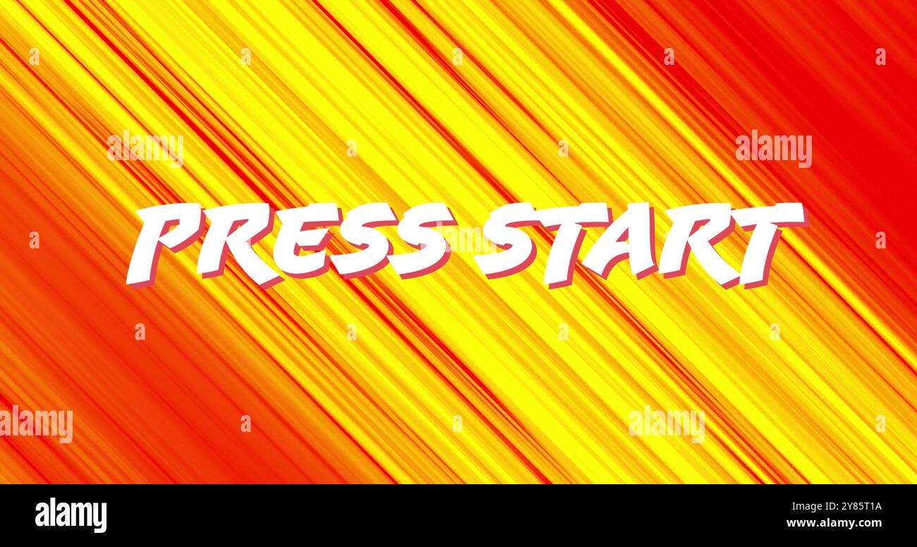 Image of press start text in white letters over diagonal yellow light ...