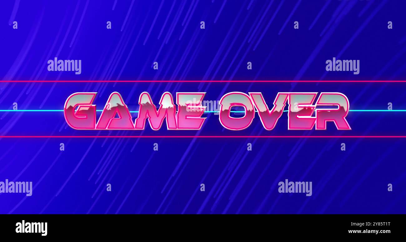 Image of game over text in pink metallic letters over blue light trails ...