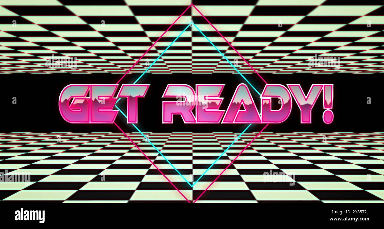 Image of get ready text in pink metallic letters over black and white ...