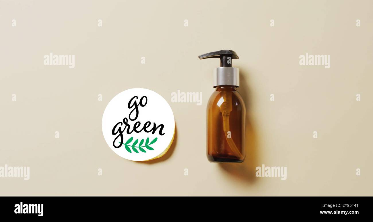 Image of go green text and leaf logo over lemon slice and beauty oil ...