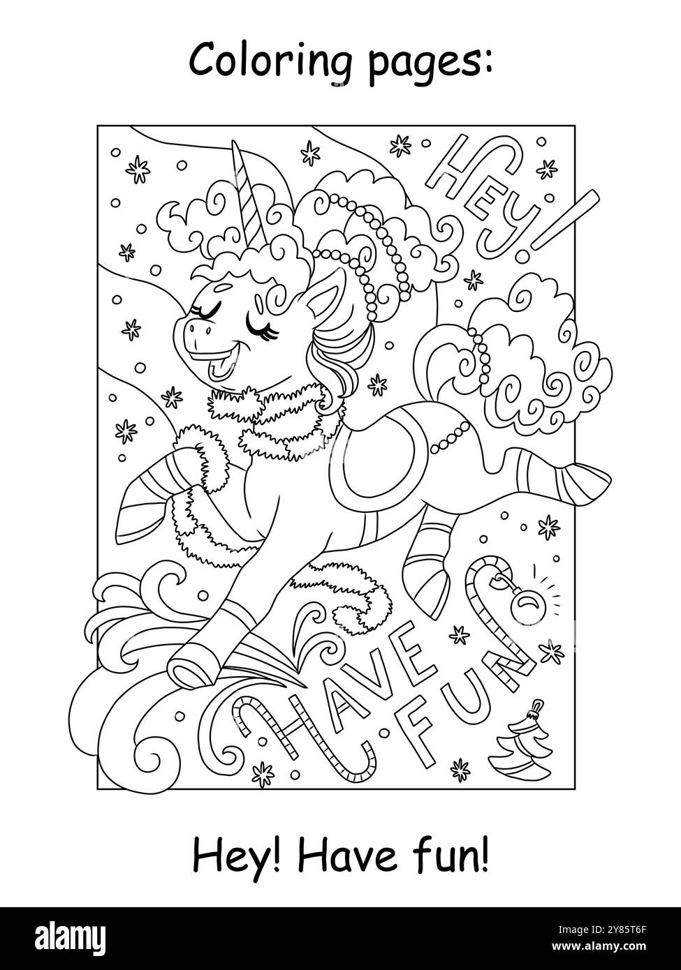 Christmas kids coloring with cute jolly unicorn. Hey Have fun lettering ...