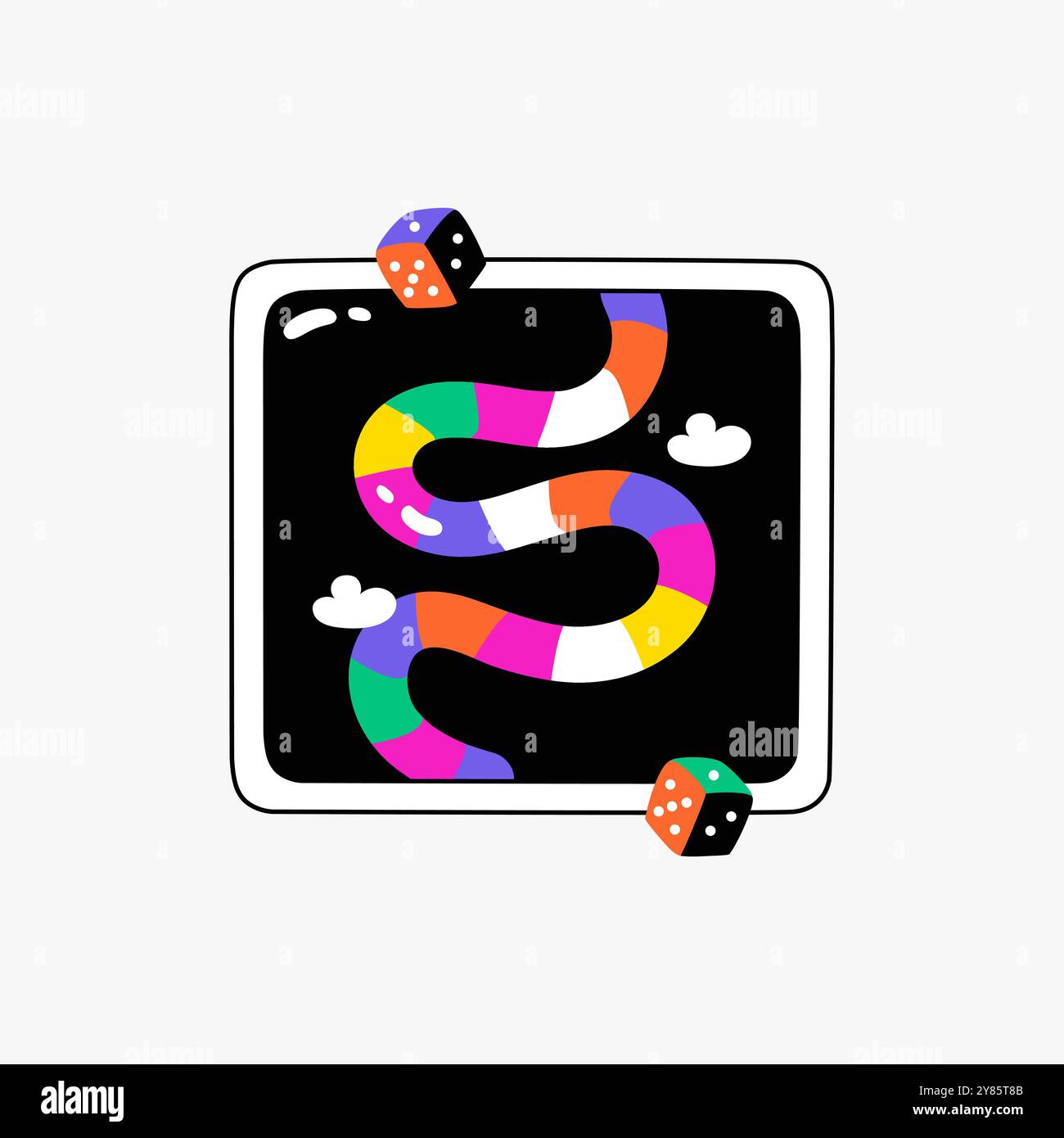 Colorful board game illustration displays a winding snake path and dice ...