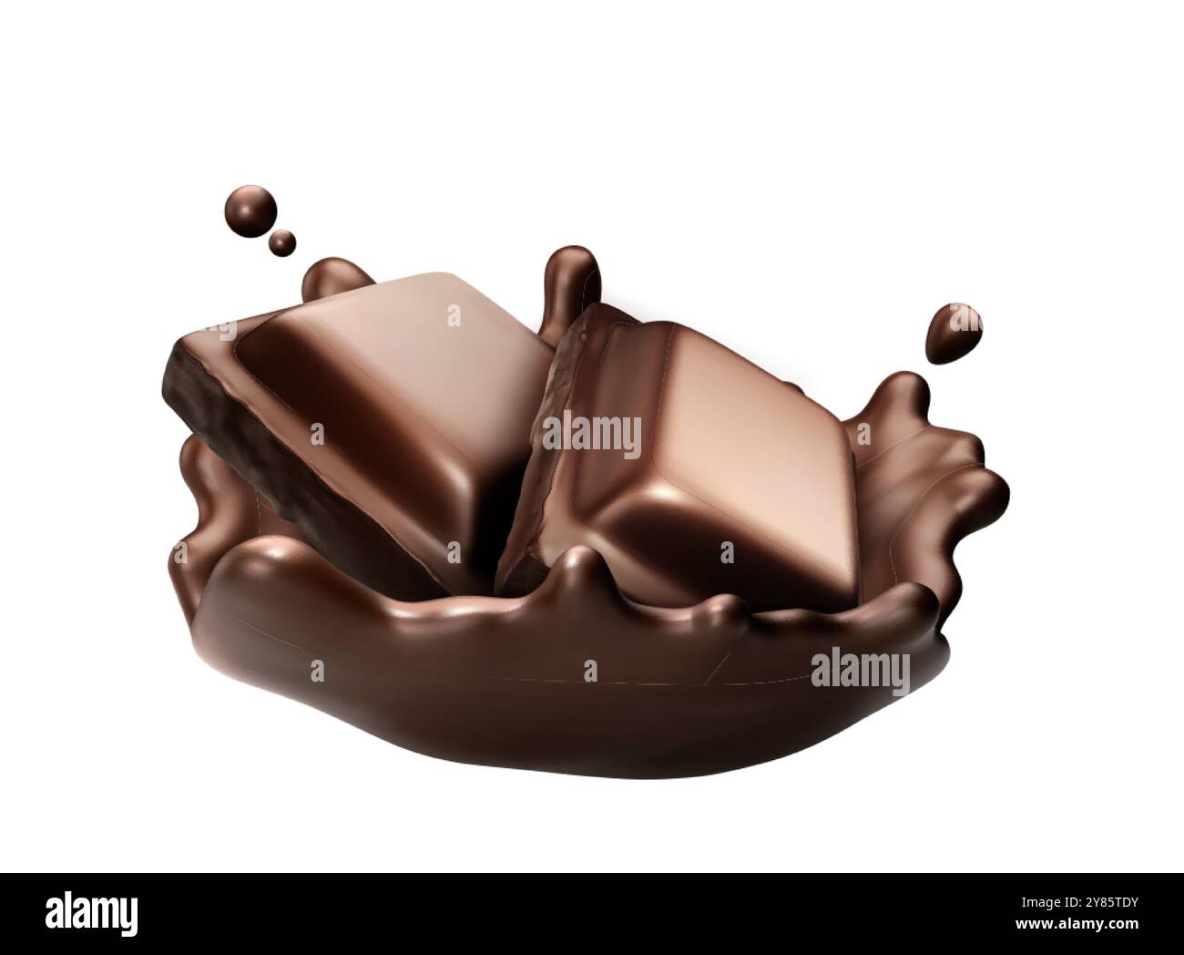 3d dark chocolate bar piece with splash swirl vector. Hot melt choco ...