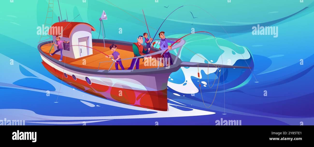 Family fishing on commercial boat in ocean cartoon. Fisherman, children ...