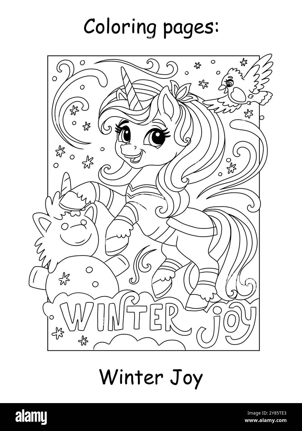 Christmas kids coloring with cute unicorn making a snowman. Winter joy ...