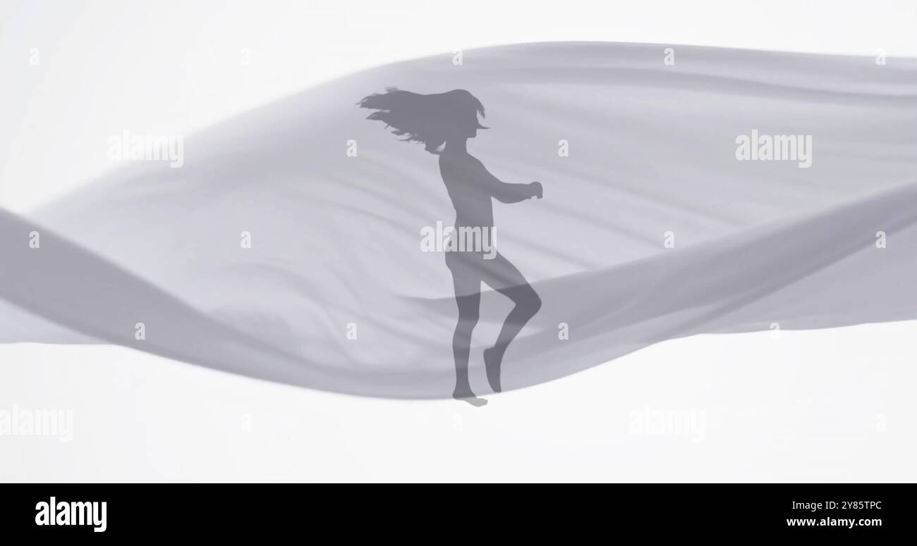 Image of silhouette of woman dancing and floating cloth on white ...