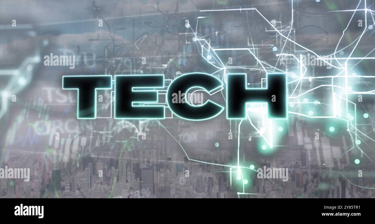 Image of tech text over data processing and connections Stock Photo - Alamy