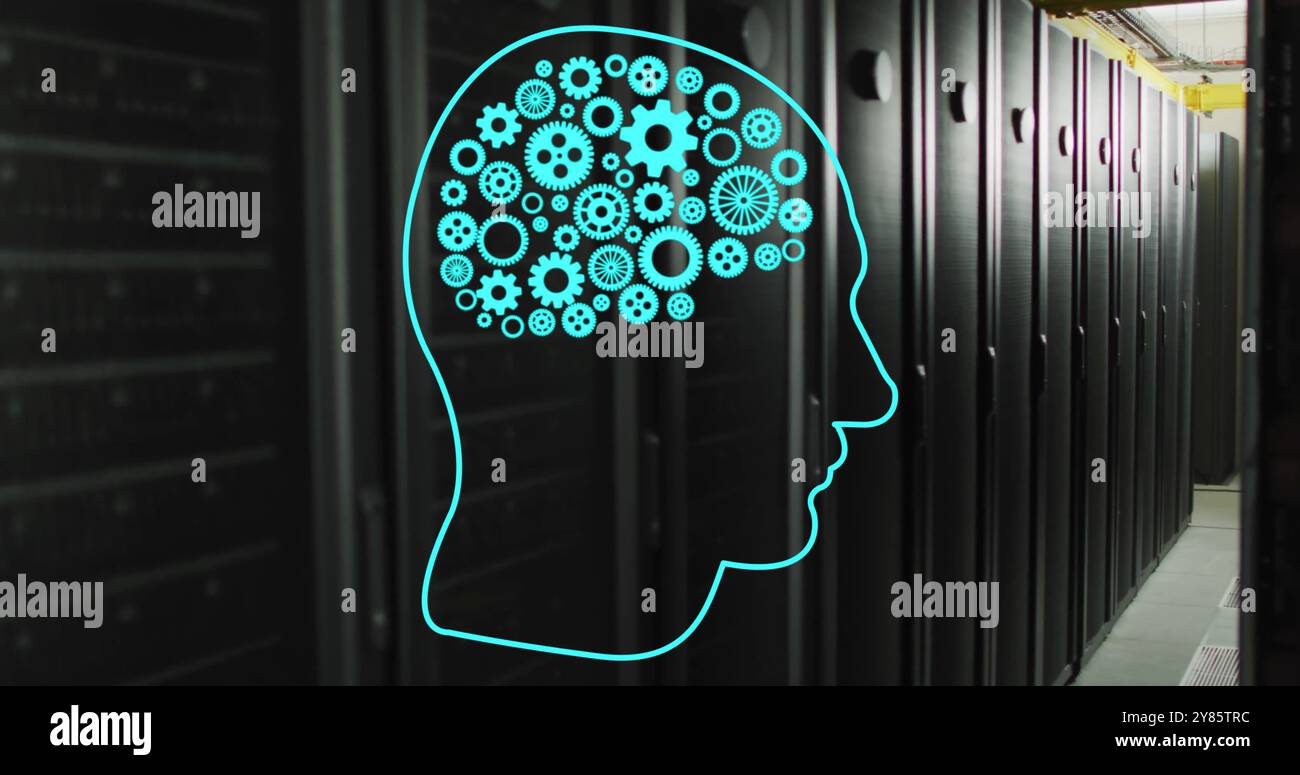 Image of flashing blue head with ai cog brain over server room Stock ...