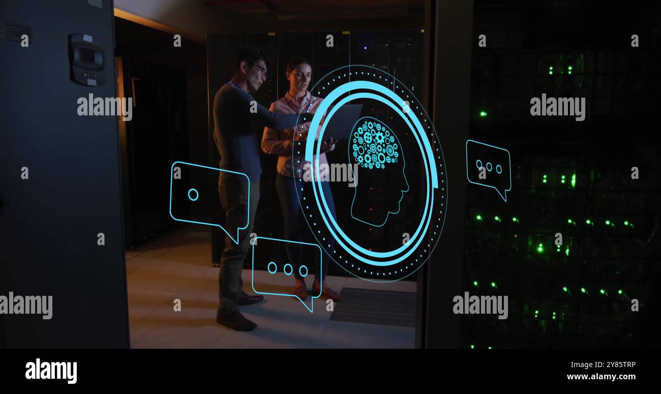 Image of ai scanner, brain and chat icons over diverse technicians in dark server room Stock ...