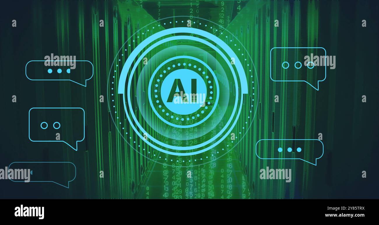 Image of circular ai scanner and chat bot message icons over glowing ...