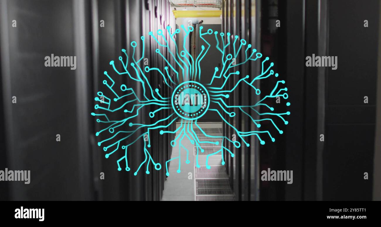 Image of circular ai scanner and motherboard brain network over computer server room Stock Photo ...