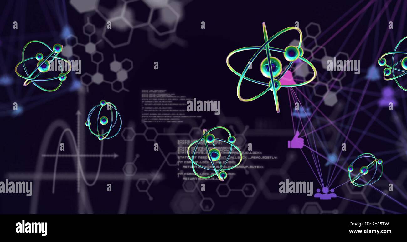 Image of atoms and scientific data processing over dark background ...