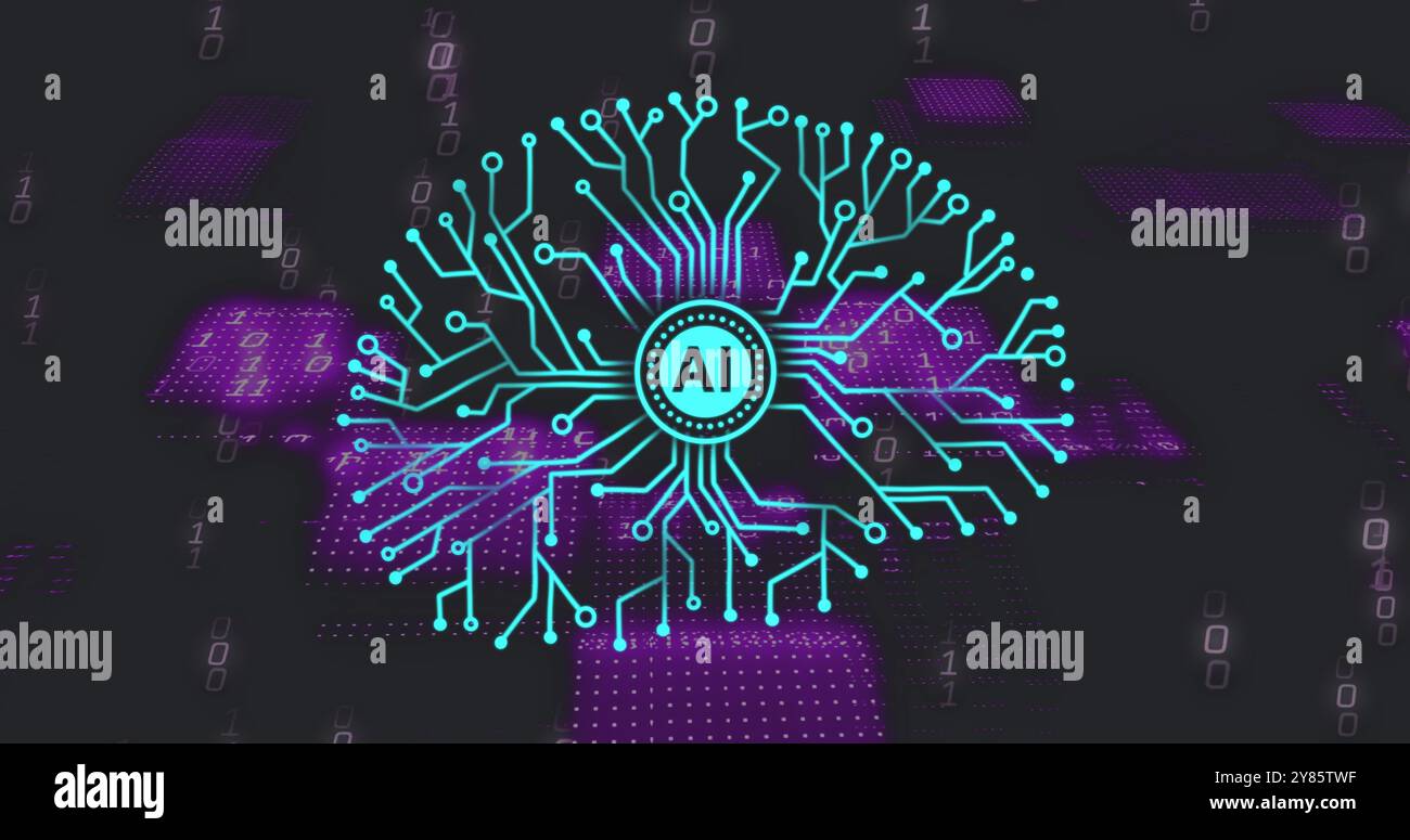 Image of circular ai scanner and motherboard brain network over processing data on black. Data ...