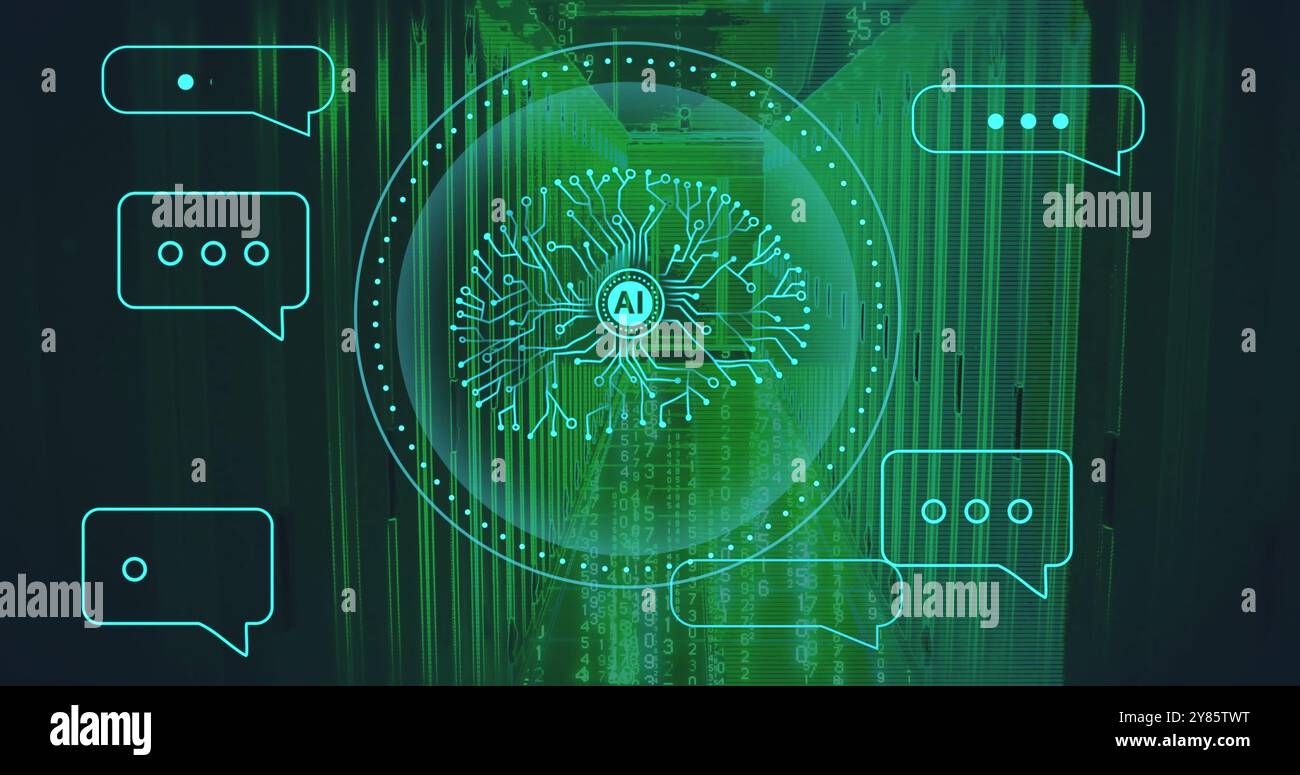 Image of circular ai scanner network and chat bot message icons over ...