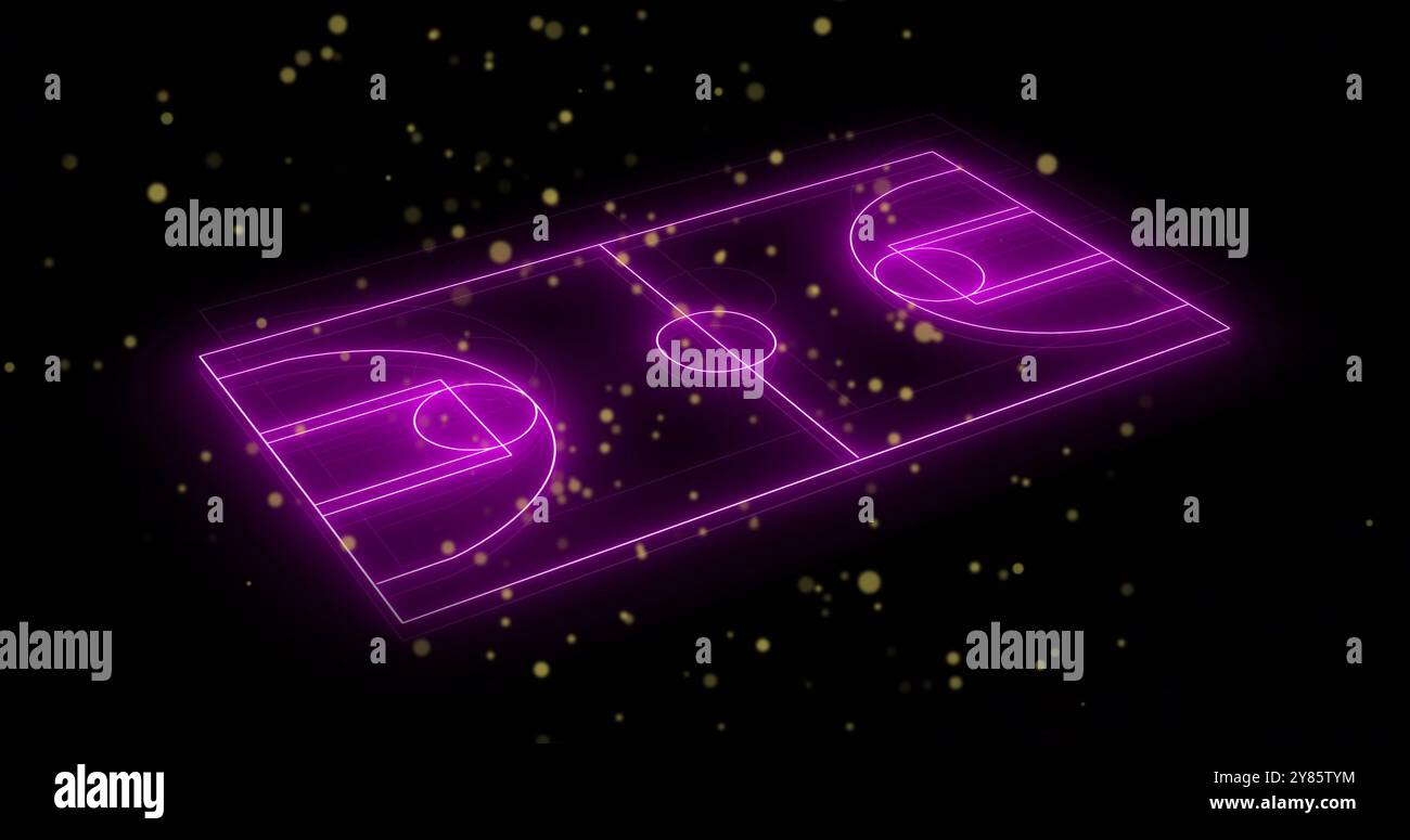 Glowing basketball court image over black background with floating ...