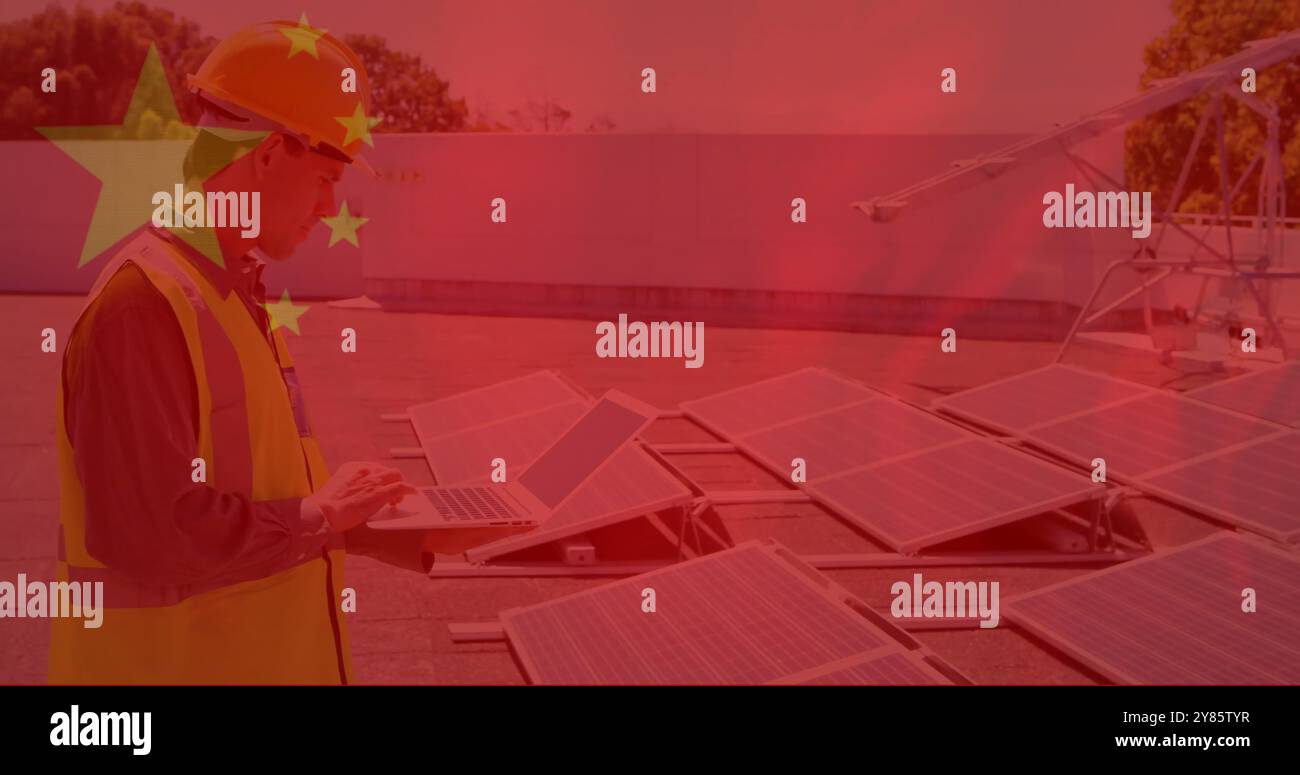 Image of flag of china over male engineer using tablet next to solar ...