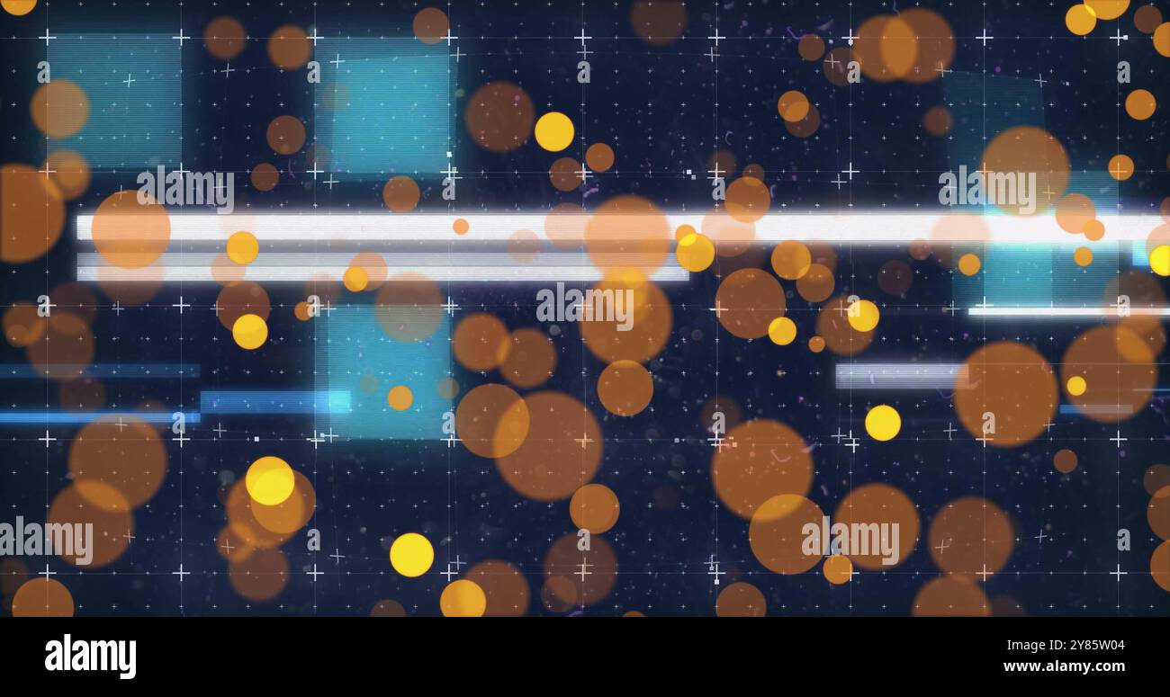 Glowing circles and grid pattern image over dark background with blue ...
