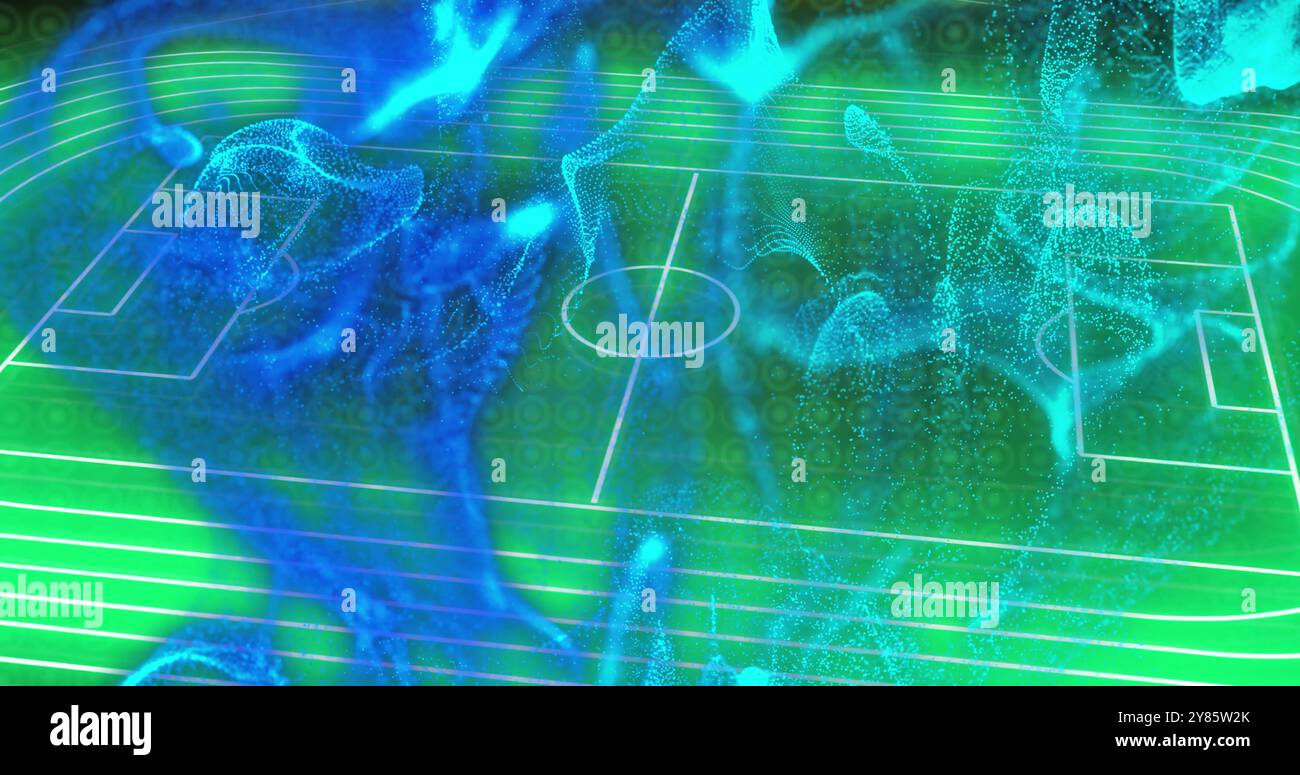 Digital particles and lines image over soccer field. Technology, sports, motion, network ...