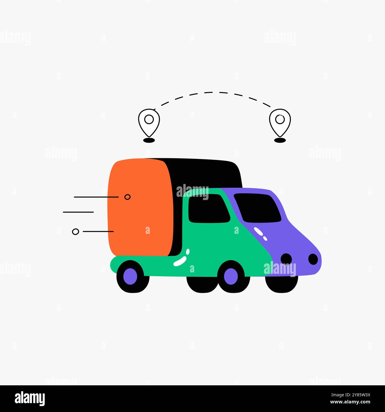 Delivery truck with route pins in flat vector illustration symbolizing ...