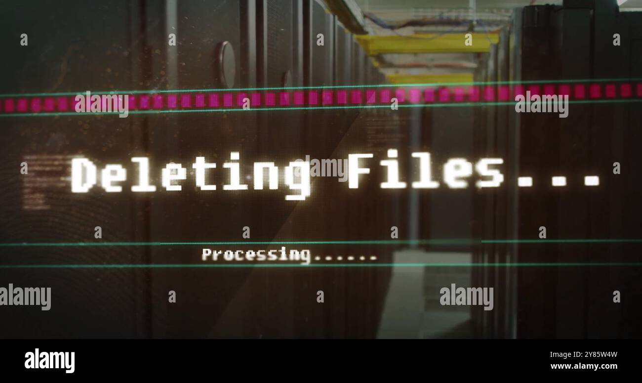 Image of deleting files, processing text on interface over server room Stock Photo - Alamy