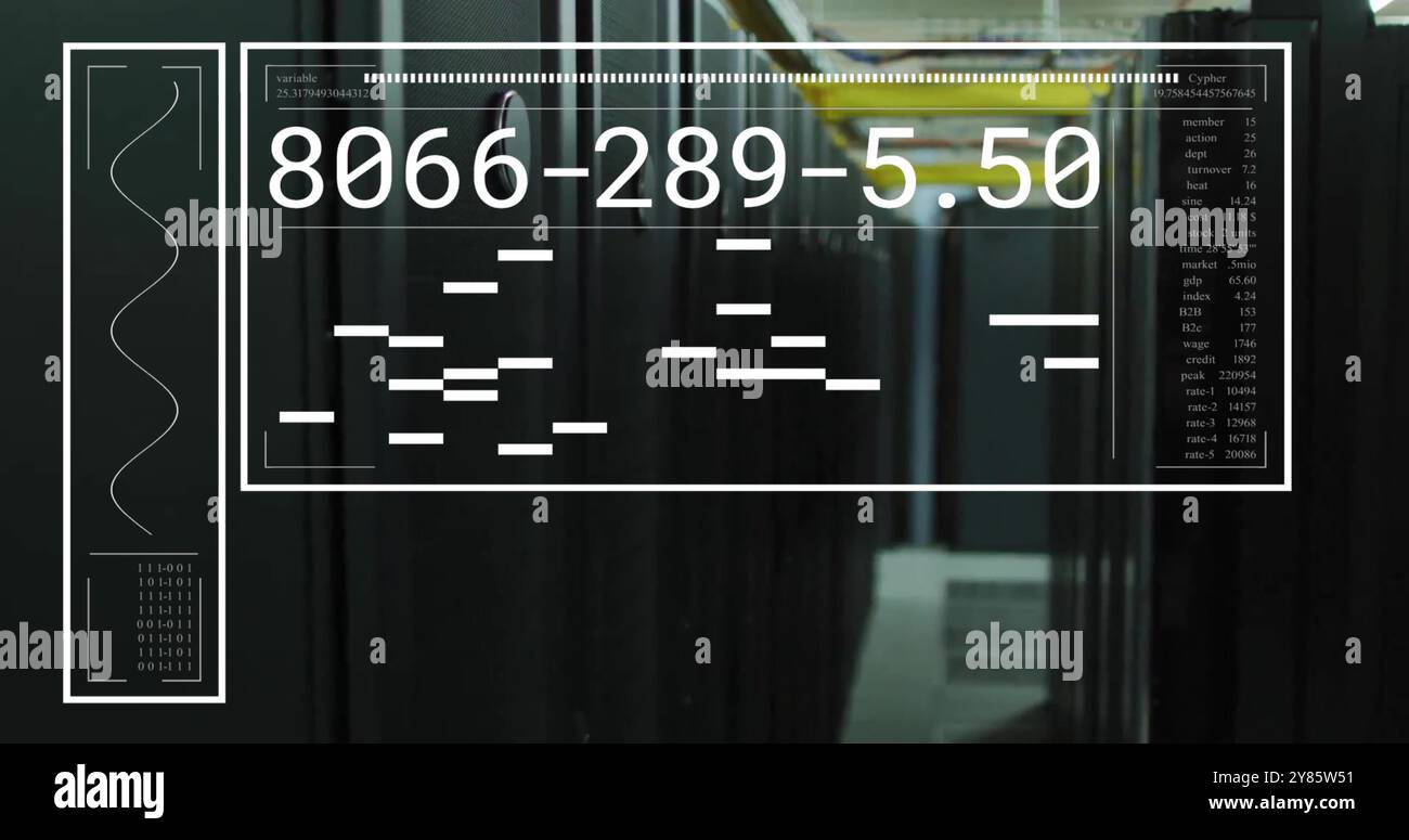 Image of data processing on interface screen over server room Stock ...