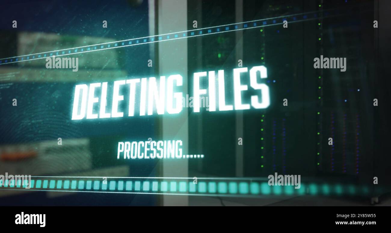 Image of deleting files, processing text on interface over server room Stock Photo - Alamy