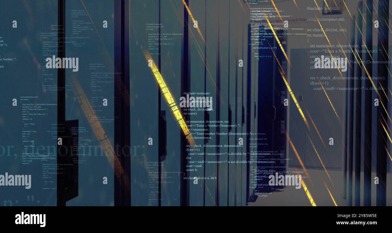 Image of data processing with falling lines over server room Stock ...