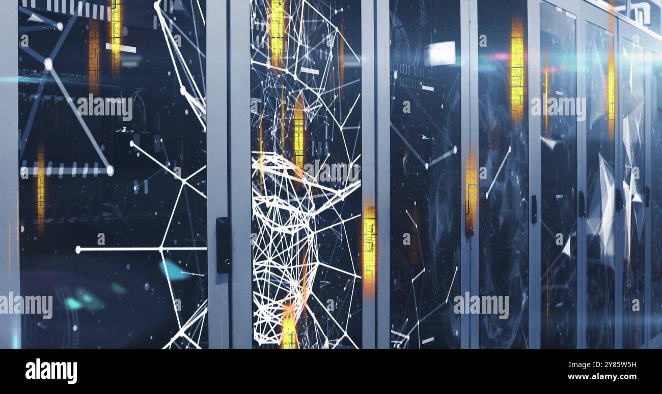 Image of network of connections with falling shapes over server room ...