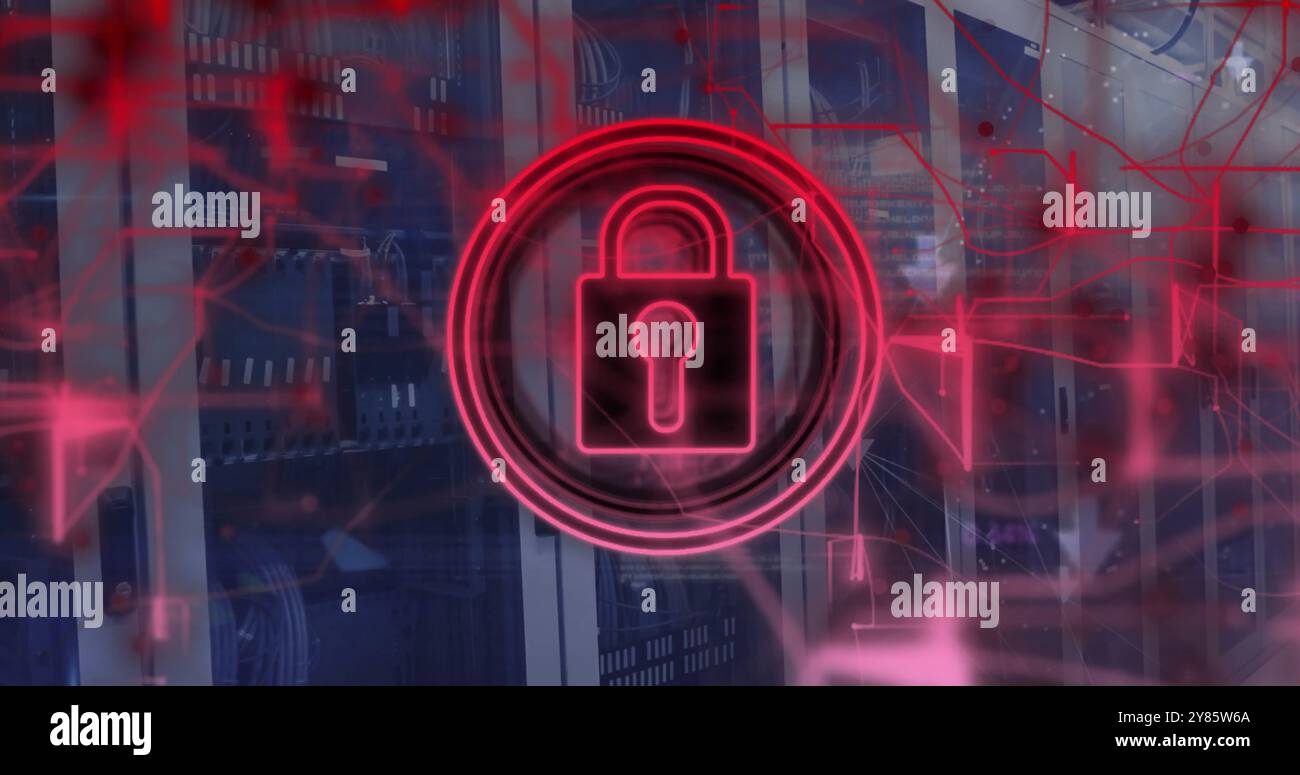 Image of data processing with padlock over arrows and server room Stock Photo - Alamy