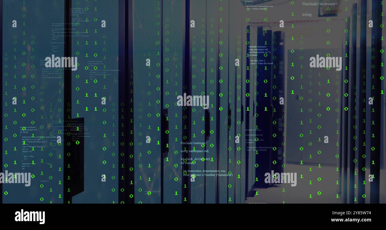 Image of data processing with binary coding over server room Stock ...