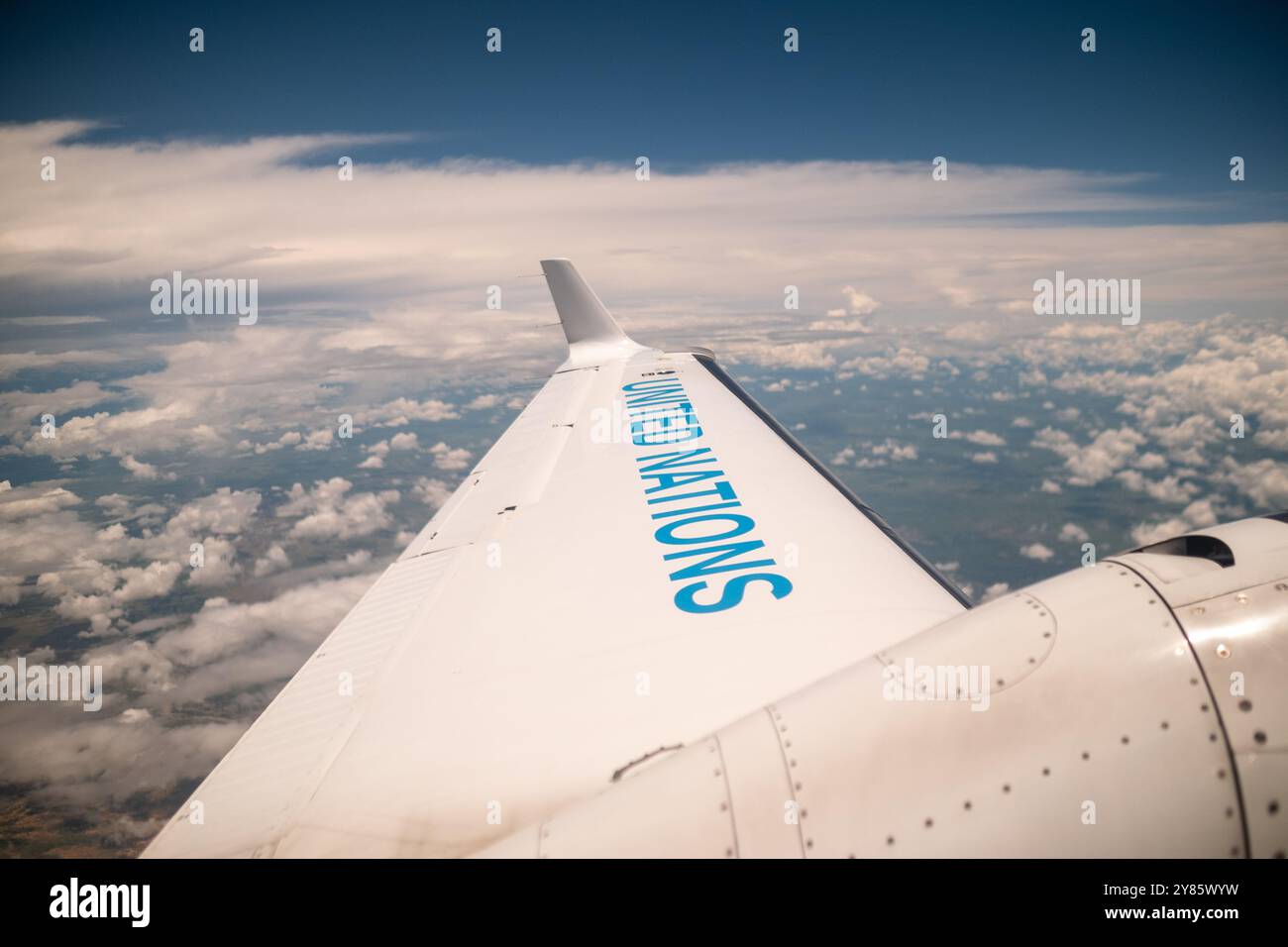 Wing of United Nations Humanitarian Air Service (UNHAS) aircraft ...