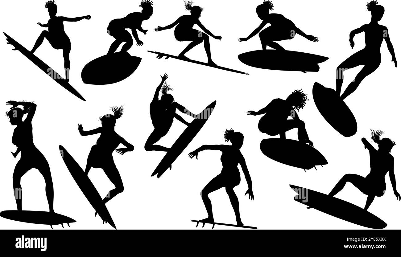 Women Surfers Surfboard Female Surfers Silhouettes Stock Vector Image ...