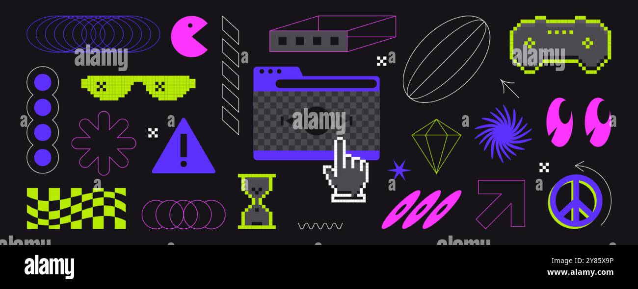 Set of pixel elements in 8bit retro style. Pixelated video game ...