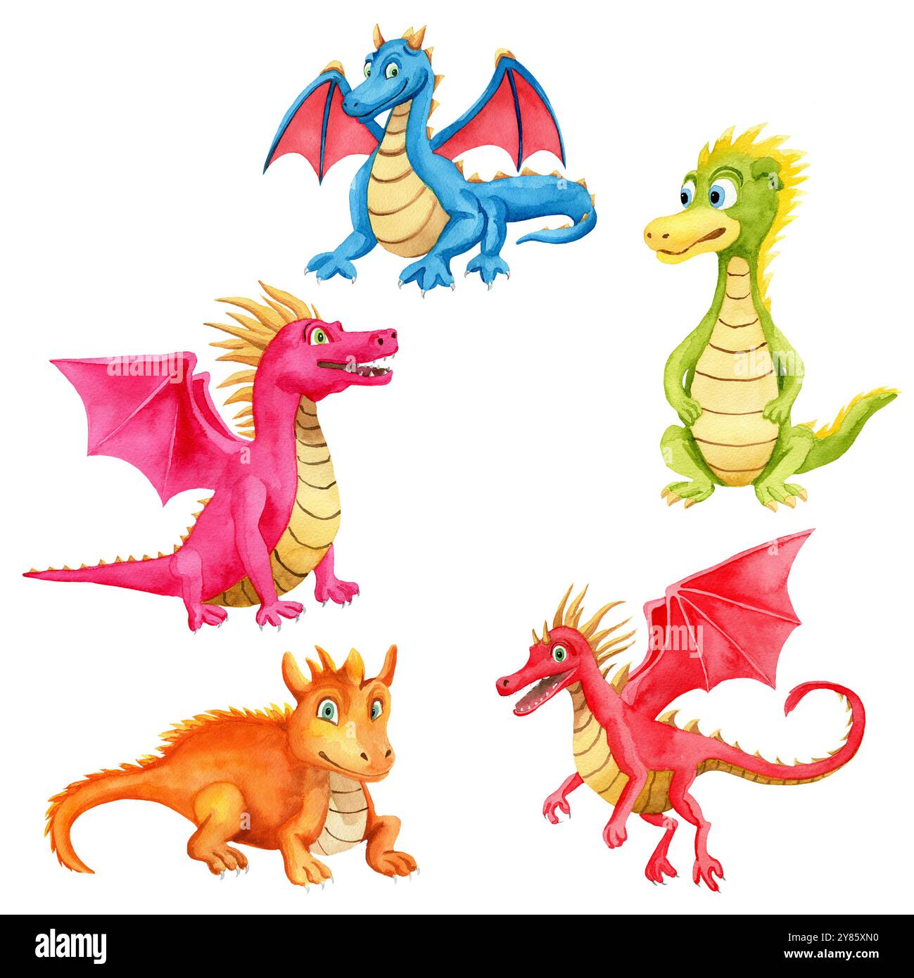 Set of mythical dragons in different poses, watercolor illustration on ...