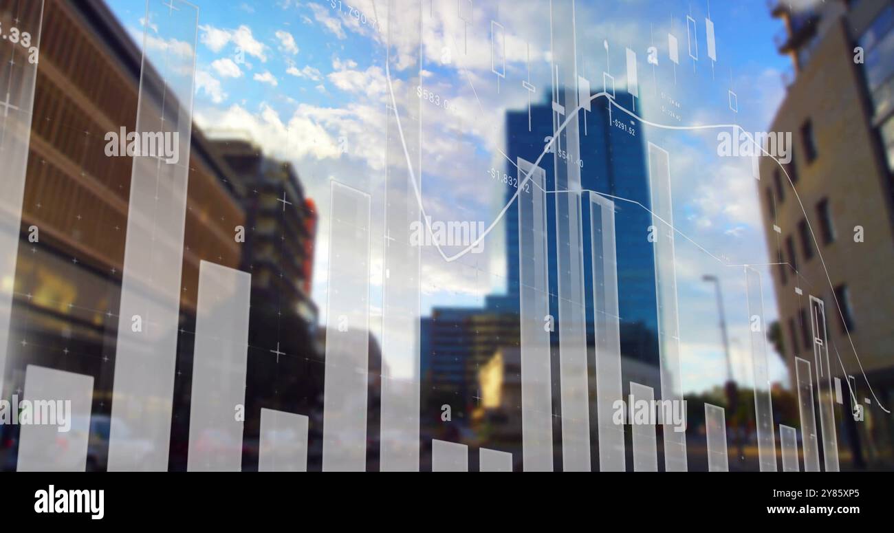Financial bar chart and line graph image over cityscape with ...