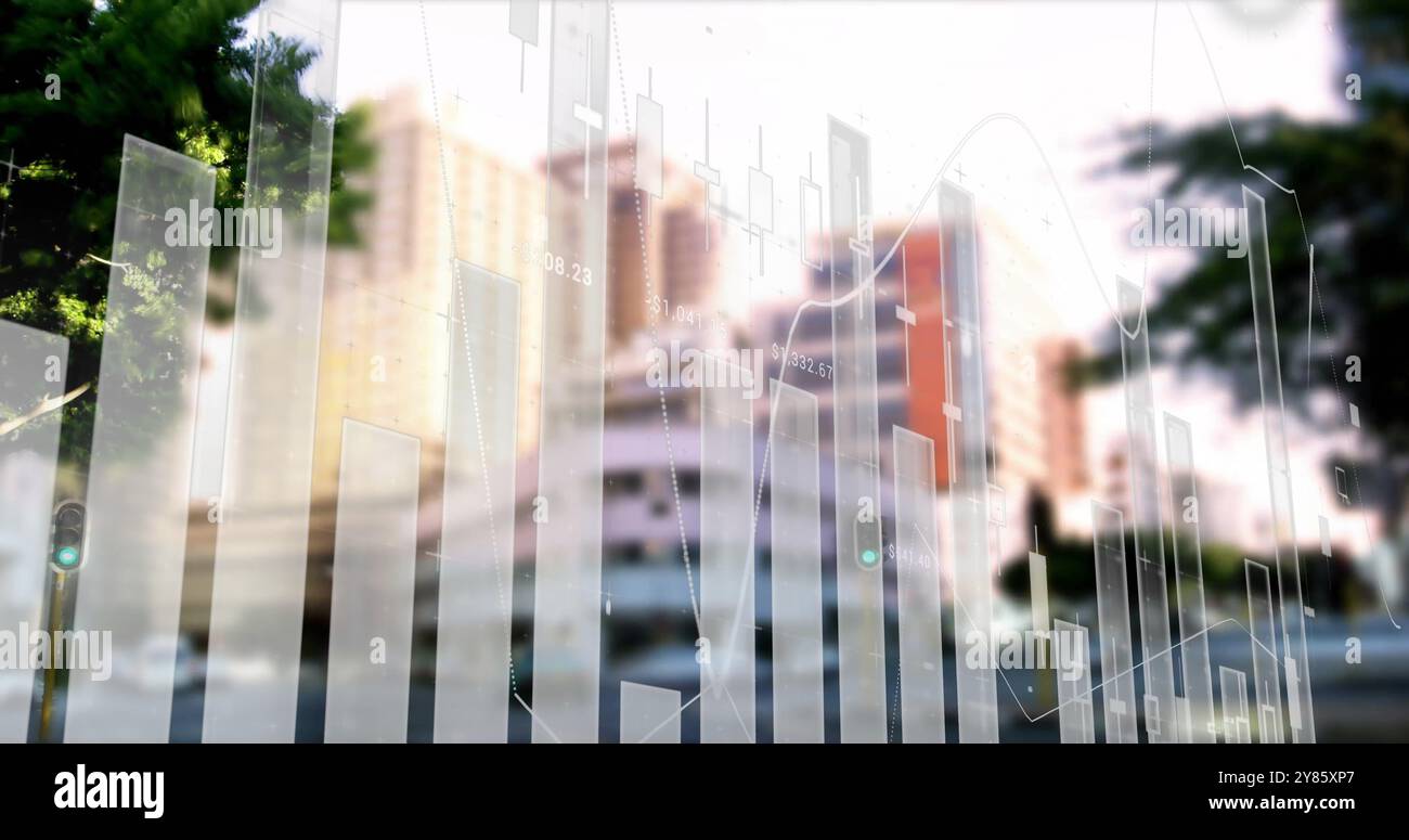 Bar chart and line graph image over cityscape background Stock Photo ...