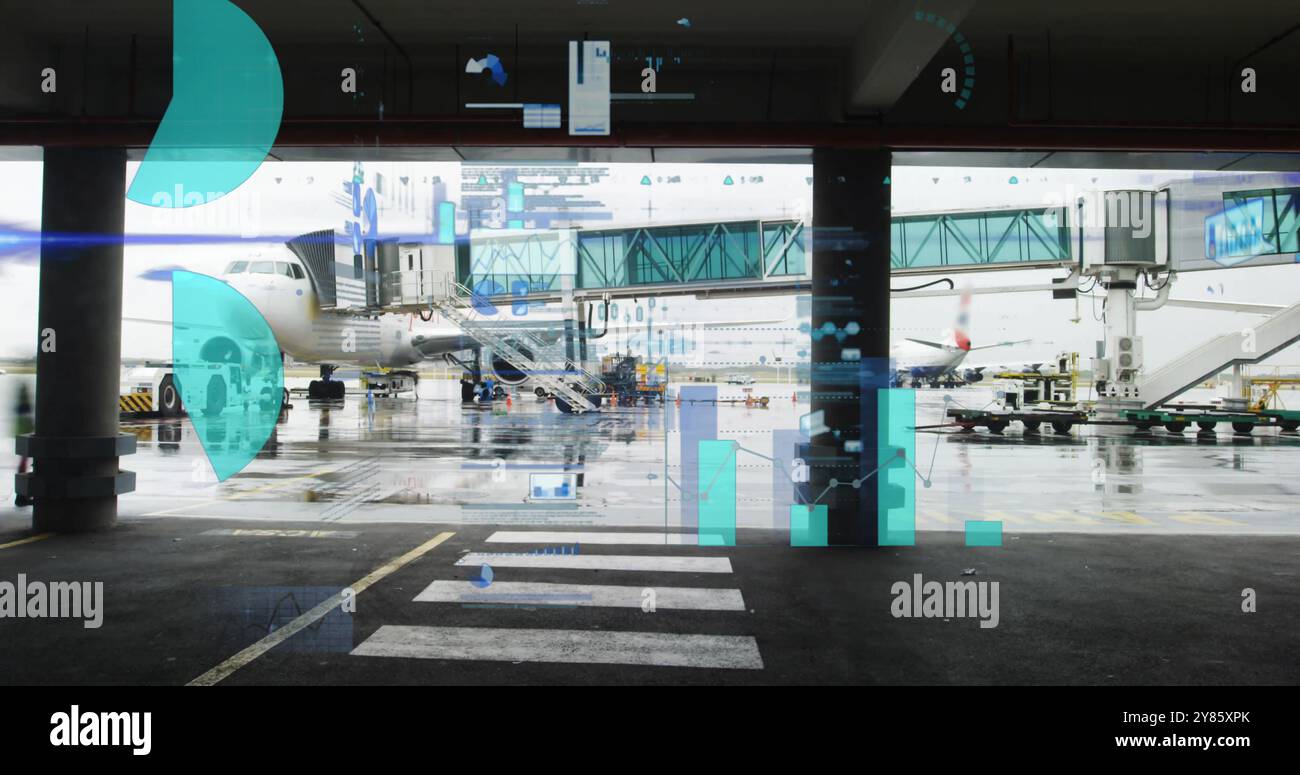 Data analytics and graphs image over airport terminal with airplane and ...
