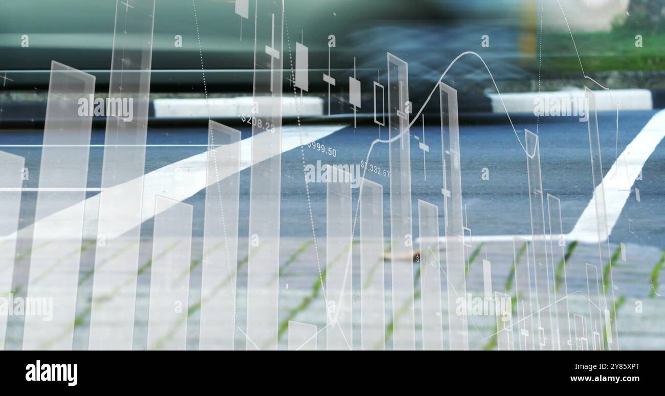 Bar graph and line chart image over vehicle on city street Stock Photo ...