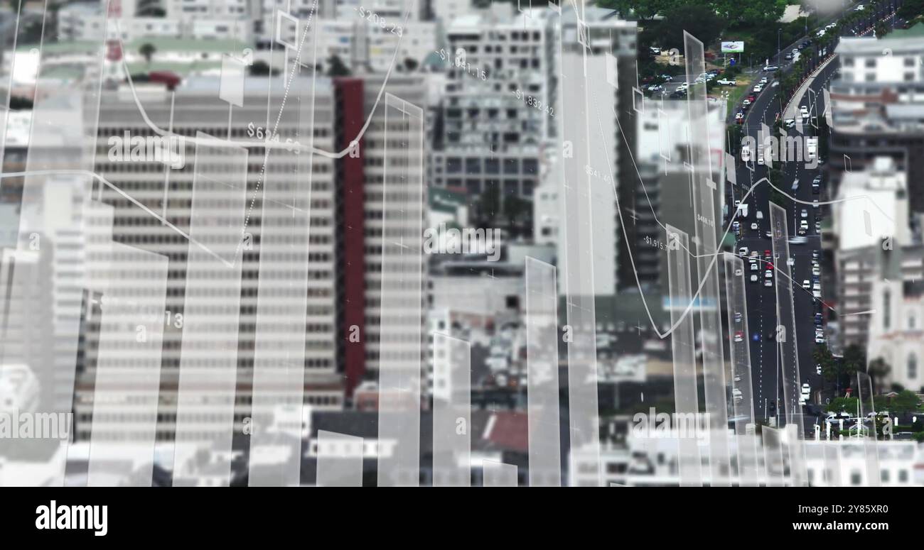 Financial data and stock market image over cityscape with tall ...