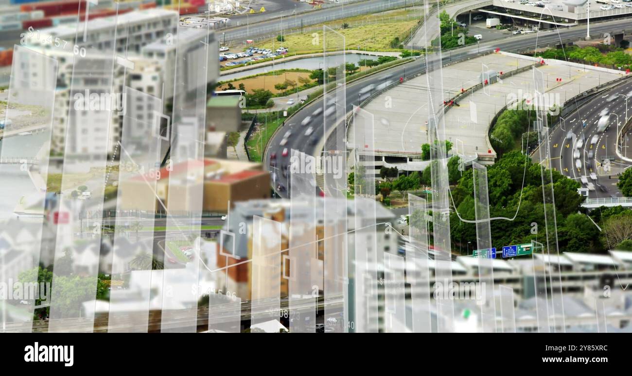 Cityscape with roads and buildings, data visualization image over urban ...