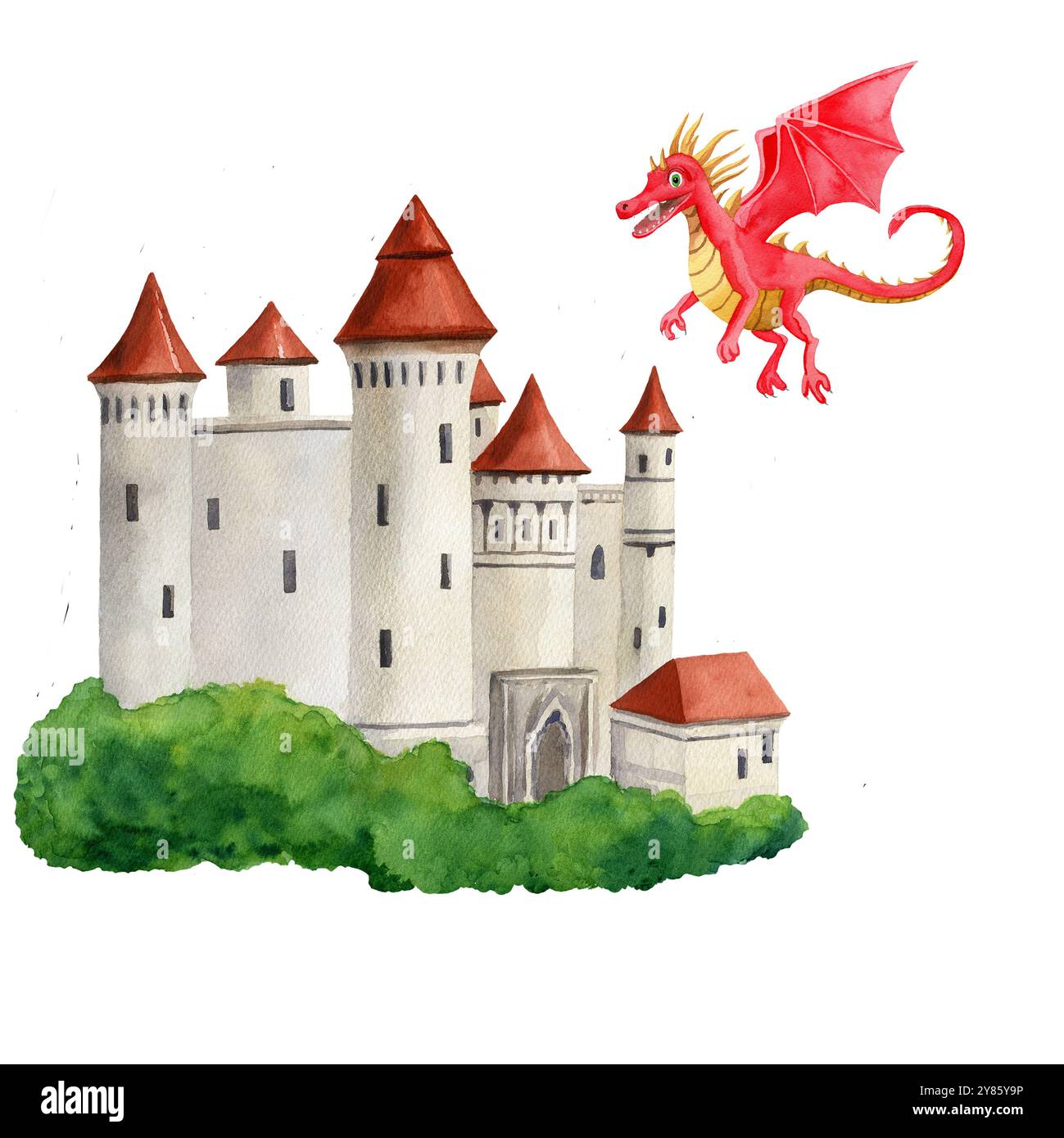 Fairy tale castle with red flying dragon, illustration isolated on ...