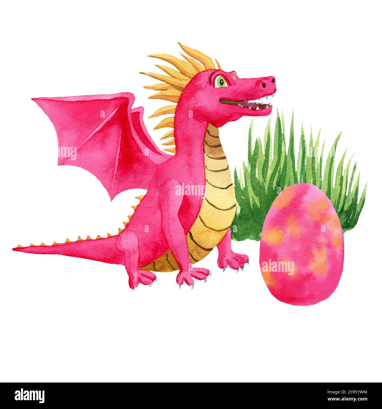 Pink dragon near dragon egg and grass. Watercolor illustration on white ...