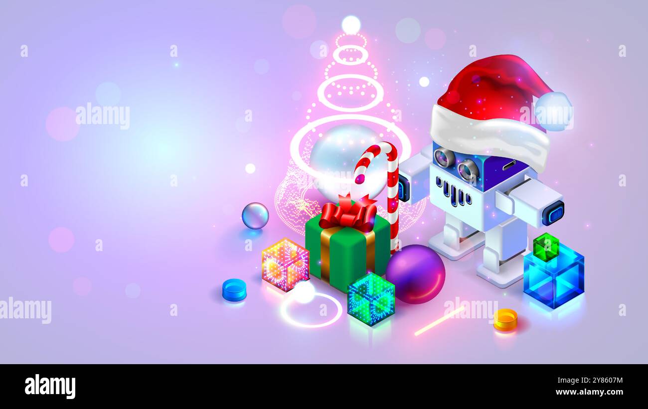 Cartoon toy robot in Santa Claus hat near the Christmas tree with gifts ...