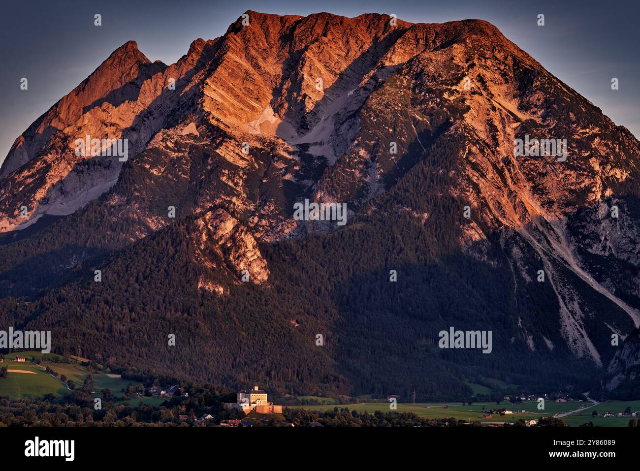 Mountain sunrise. Grimming (2351m) peak in the Dachstein Mountains of ...