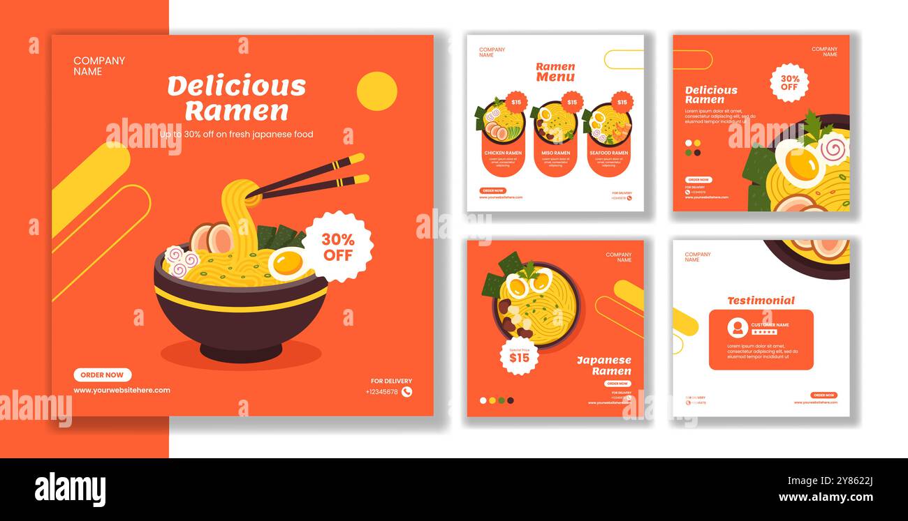 Ramen Japanese Food Social Media Post Flat Cartoon Hand Drawn Templates ...