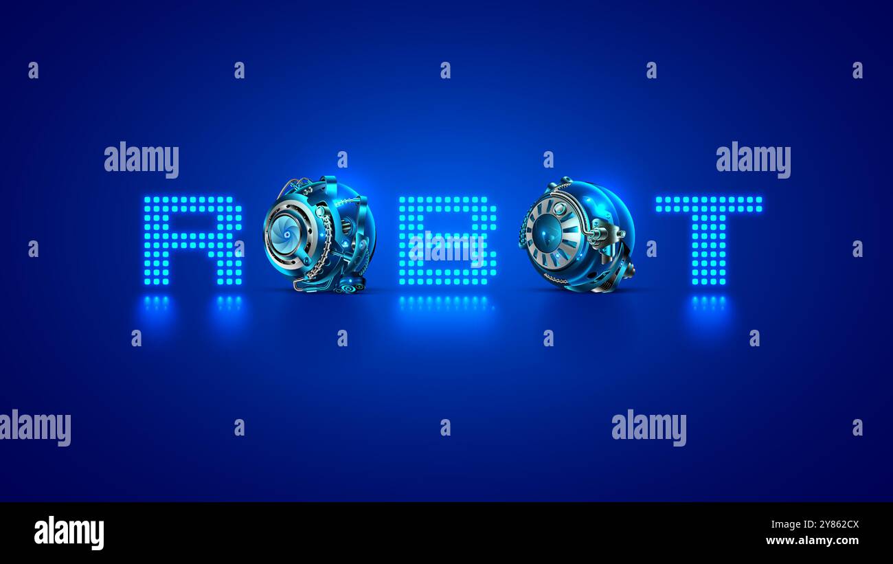 Word robot consists of glowing pixels, mechanical parts of mechanism on ...