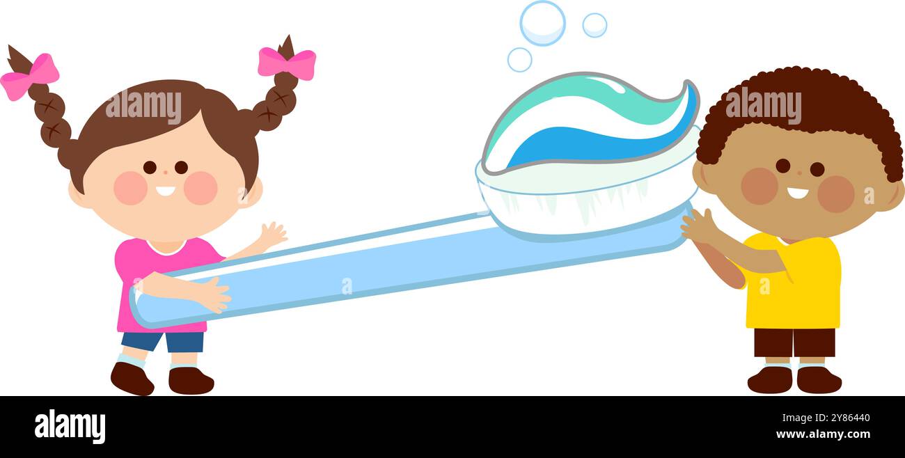 Two children using dental hygiene objects, a toothbrush and toothpaste ...