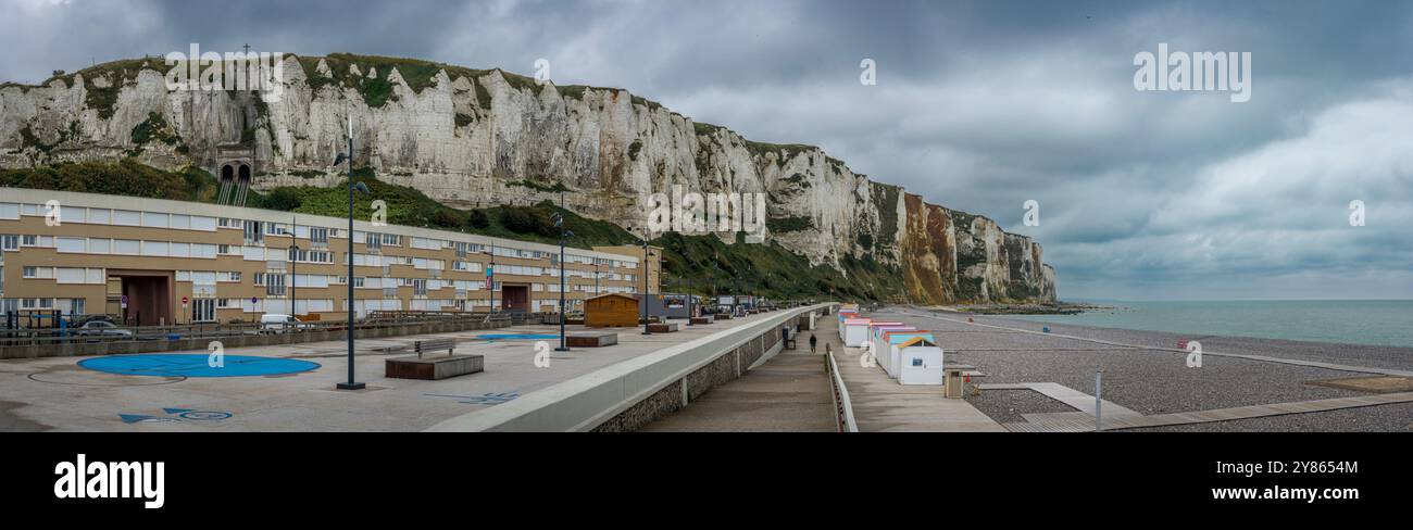 Le Treport, France - 09 16 2024: View of white beach cabins with ...